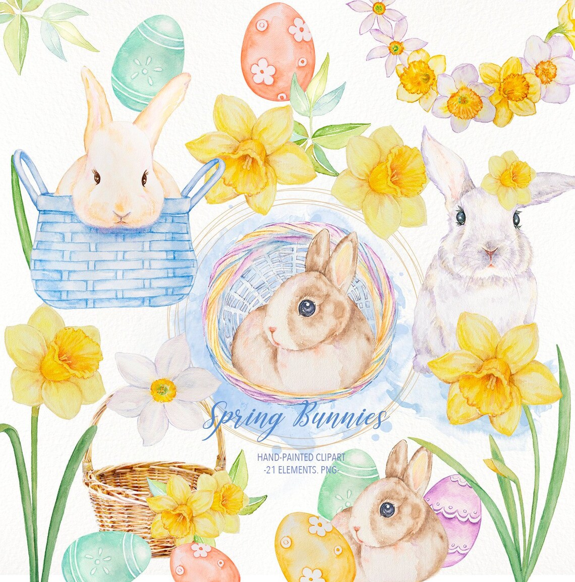 Watercolor Spring Bunny Clipart, Easter Rabbit Clip Art, Easter Eggs ...