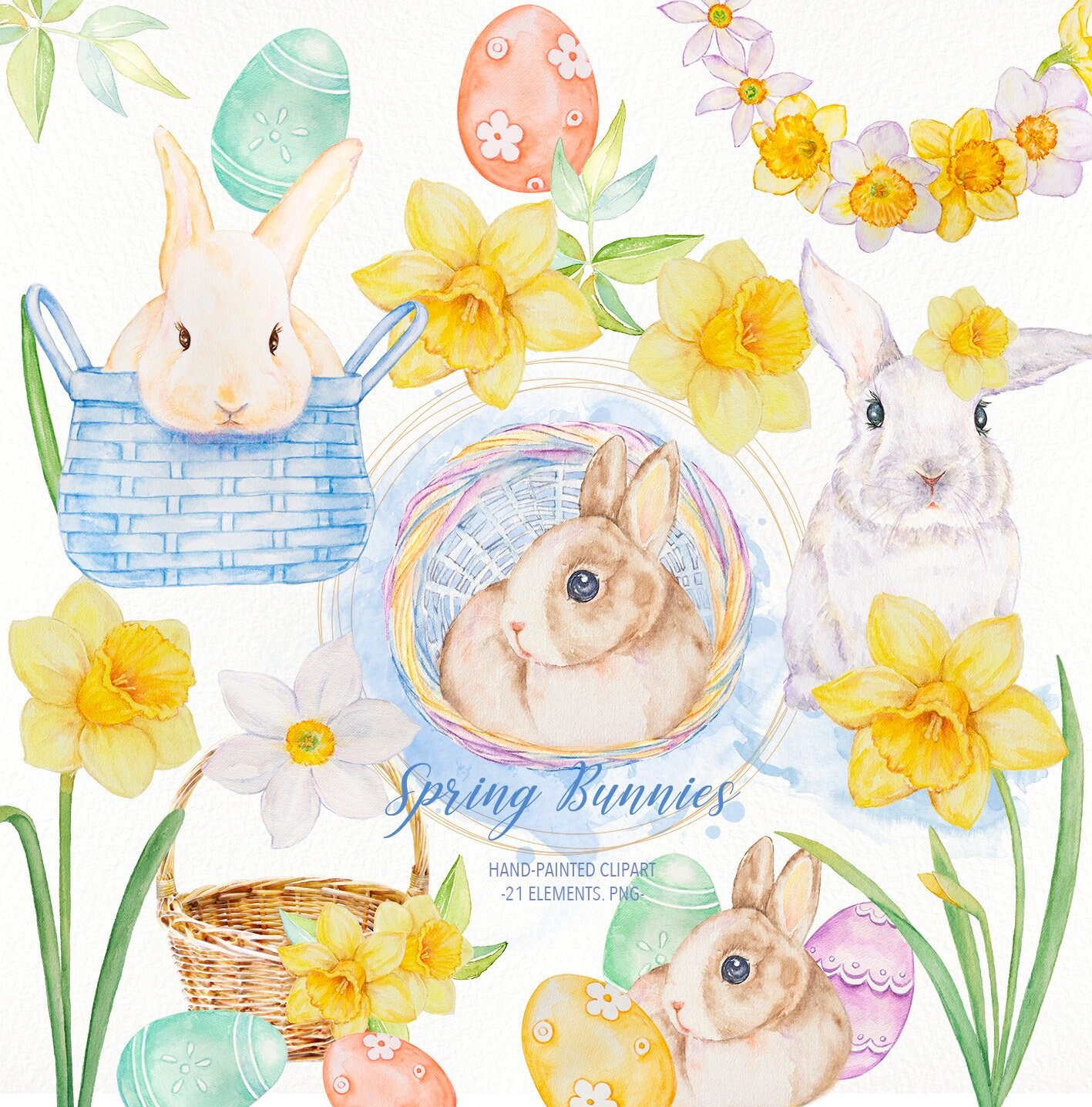 Watercolor Spring Bunny Clipart, Easter Rabbit Clip Art, Easter Eggs ...