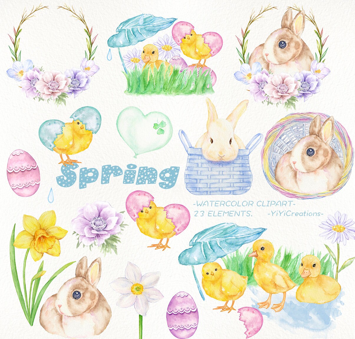 Easter Chick and Duck Clipart, Watercolor Little Animal, Floral Spring ...