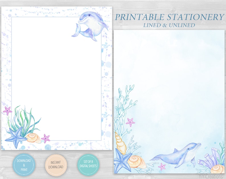 Blue Ocean Printable Writing Paper Set of 8, Cute Dolphin Stationery ...