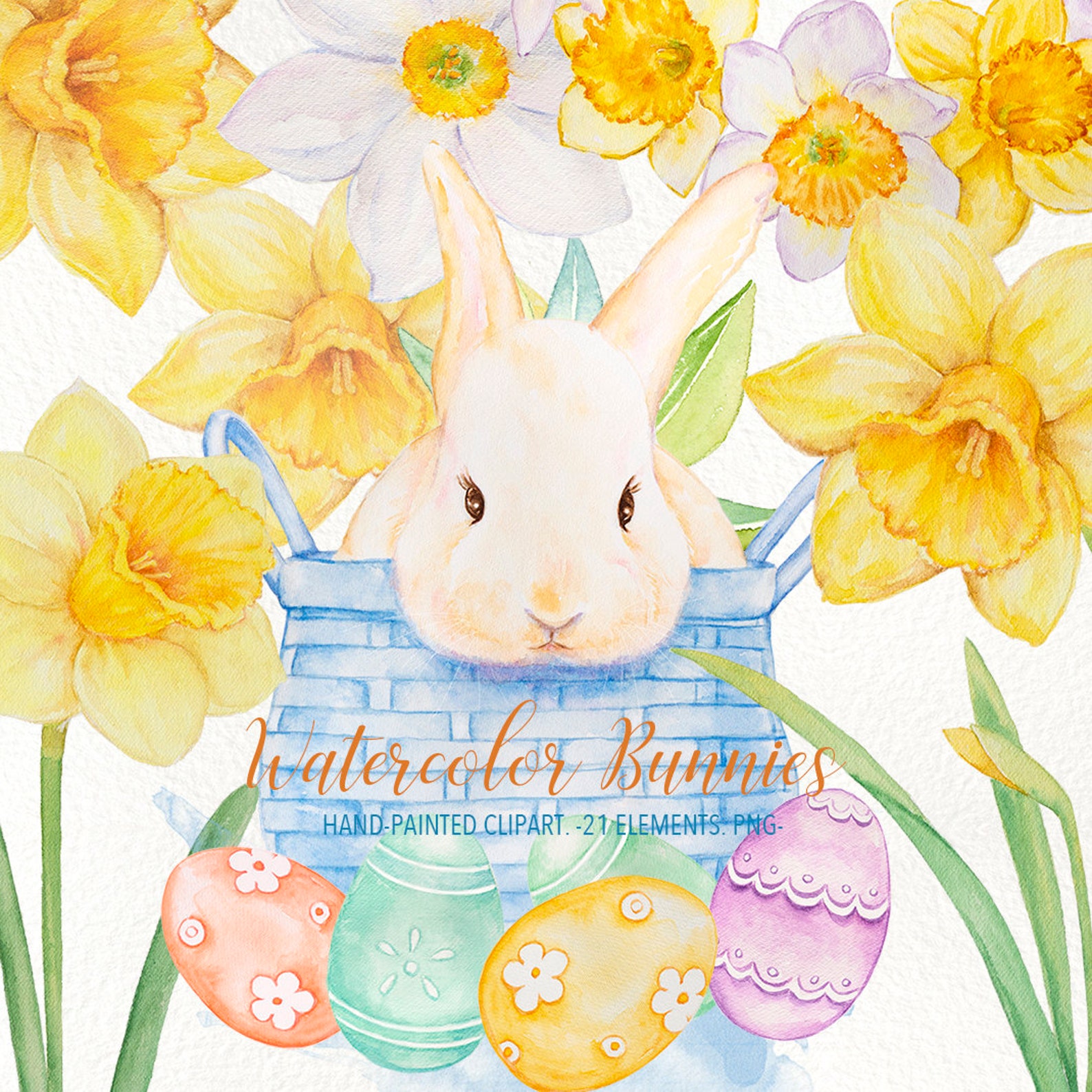 Watercolor Spring Bunny Clipart, Easter Rabbit Clip Art, Easter Eggs ...