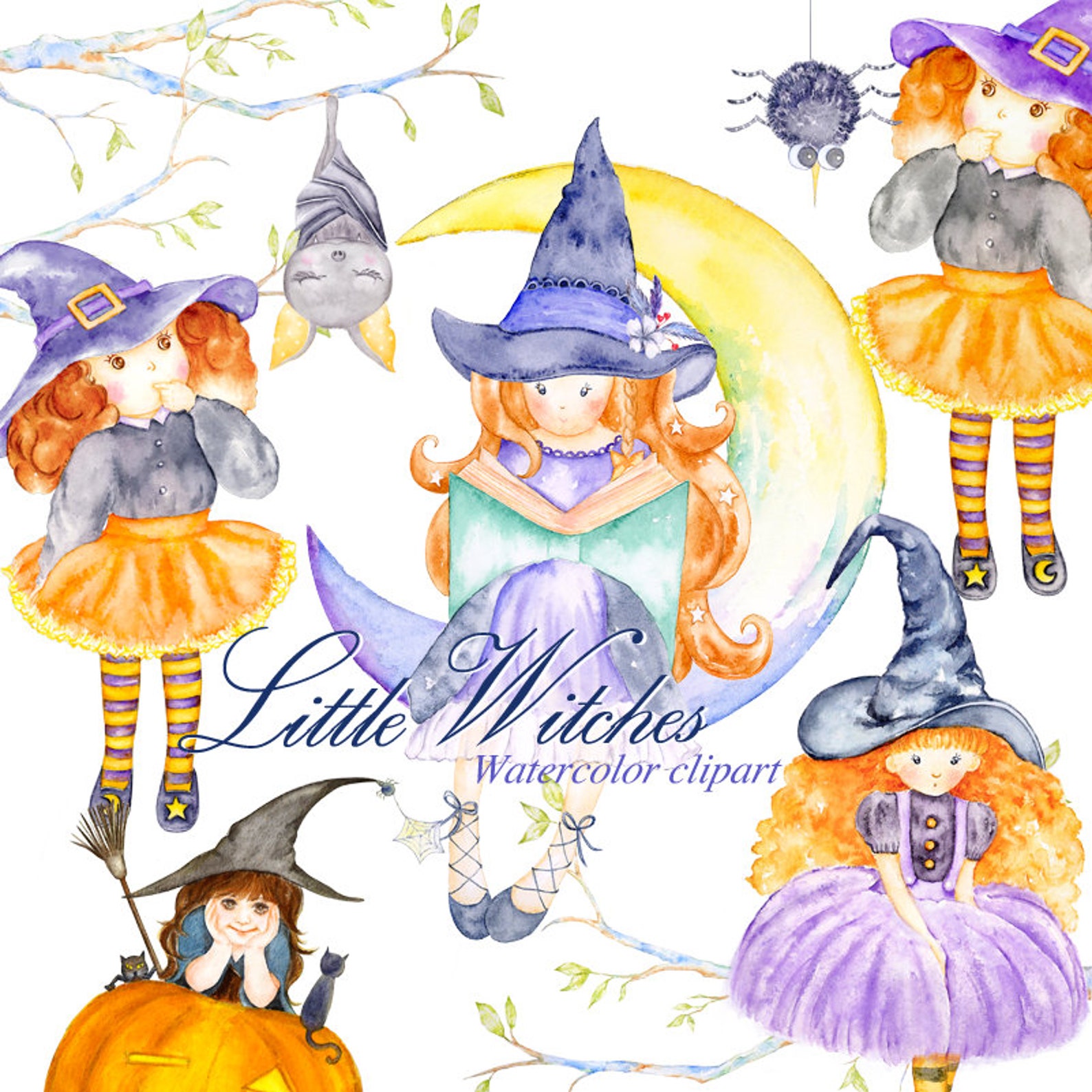 Cute Witch Clipart Watercolor Halloween Illustrations - Etsy