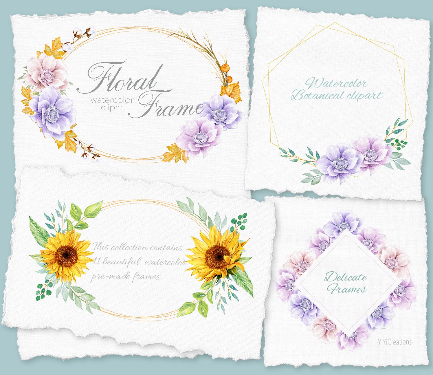 Watercolor Flower Frame Clipart Collection Sunflower Wreaths - Etsy