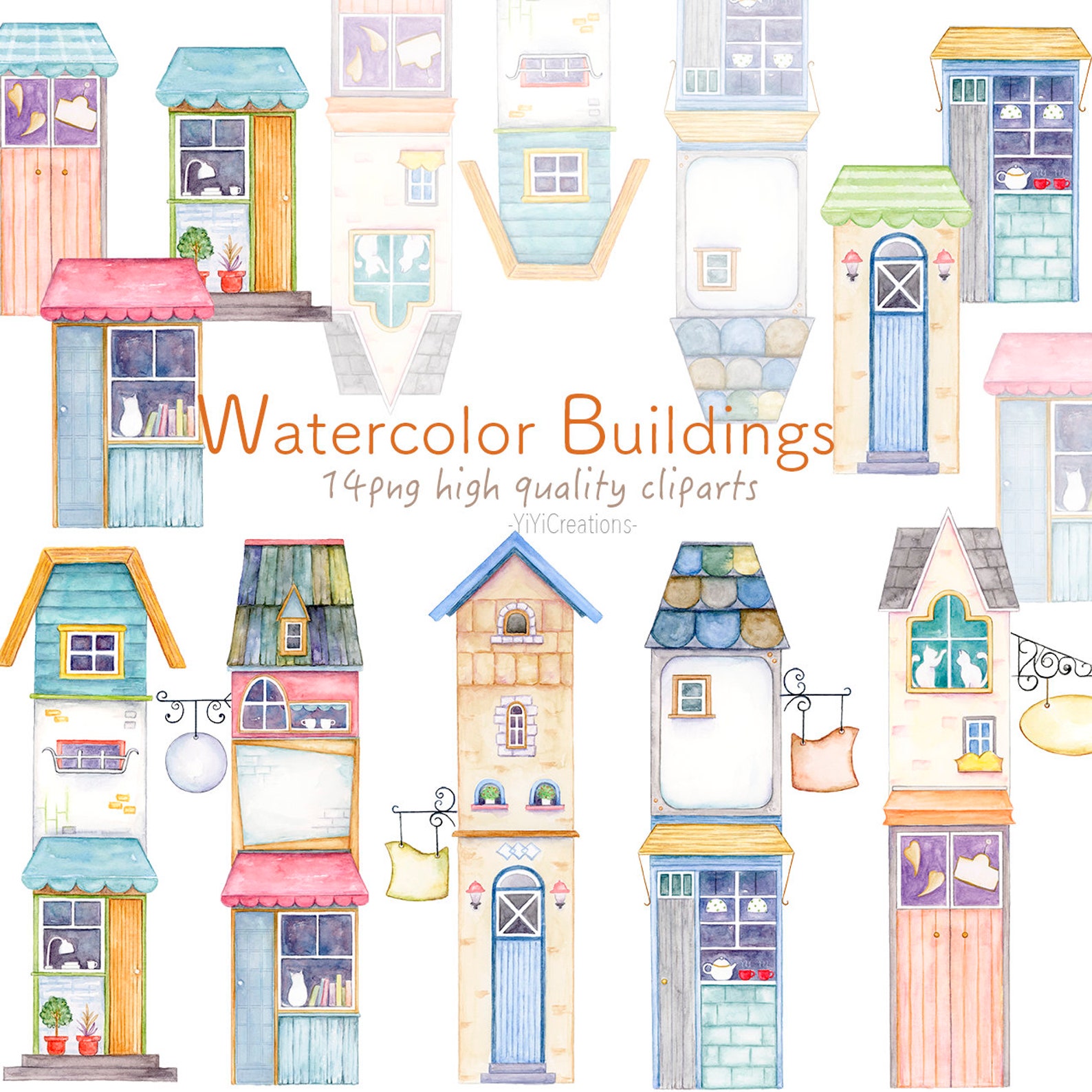 Cute Houses Clipart Watercolor Building Illustration Sweet | Etsy