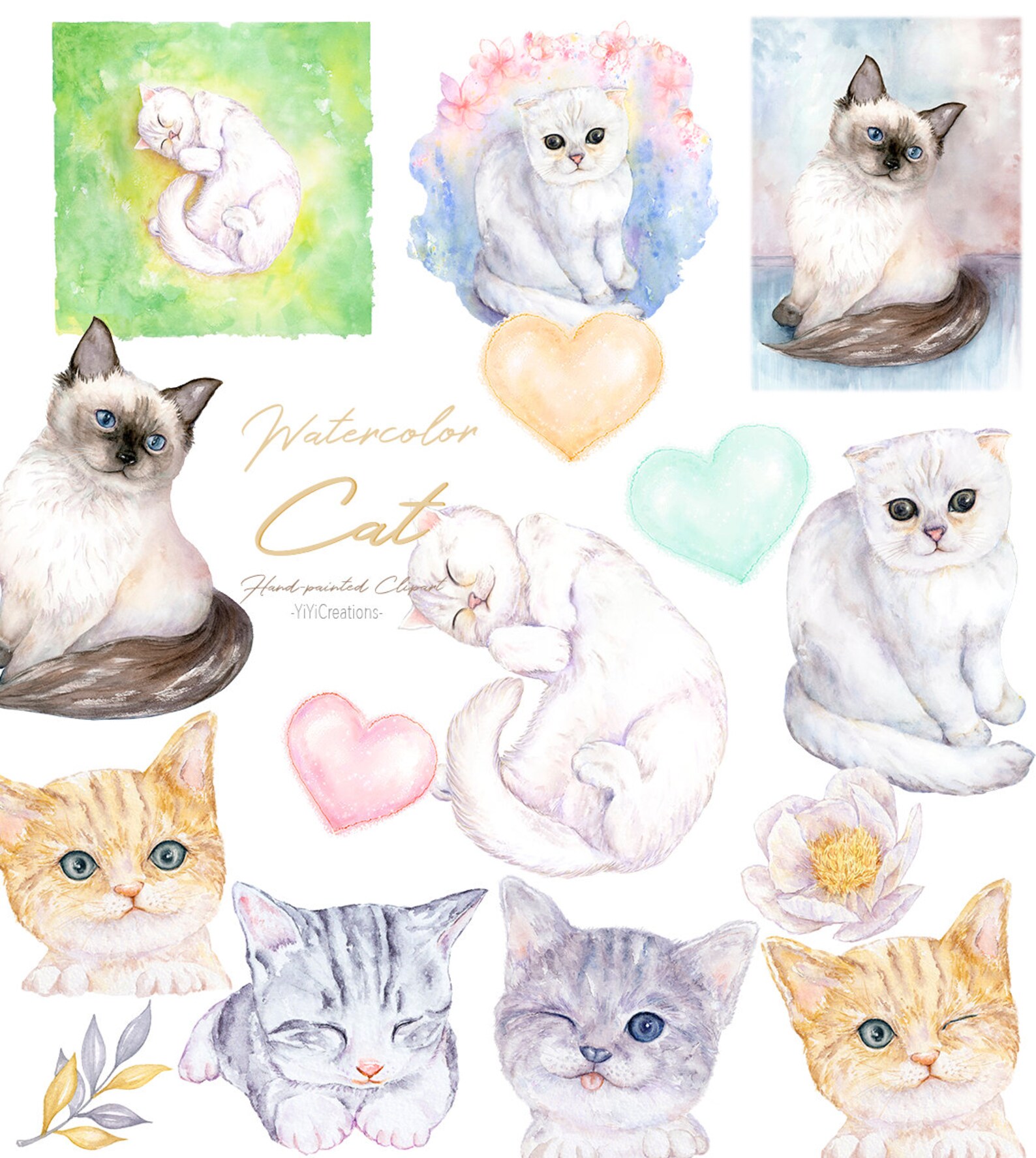 Watercolor Cute Cats Clipart Digital Kitten Image Printable - Etsy