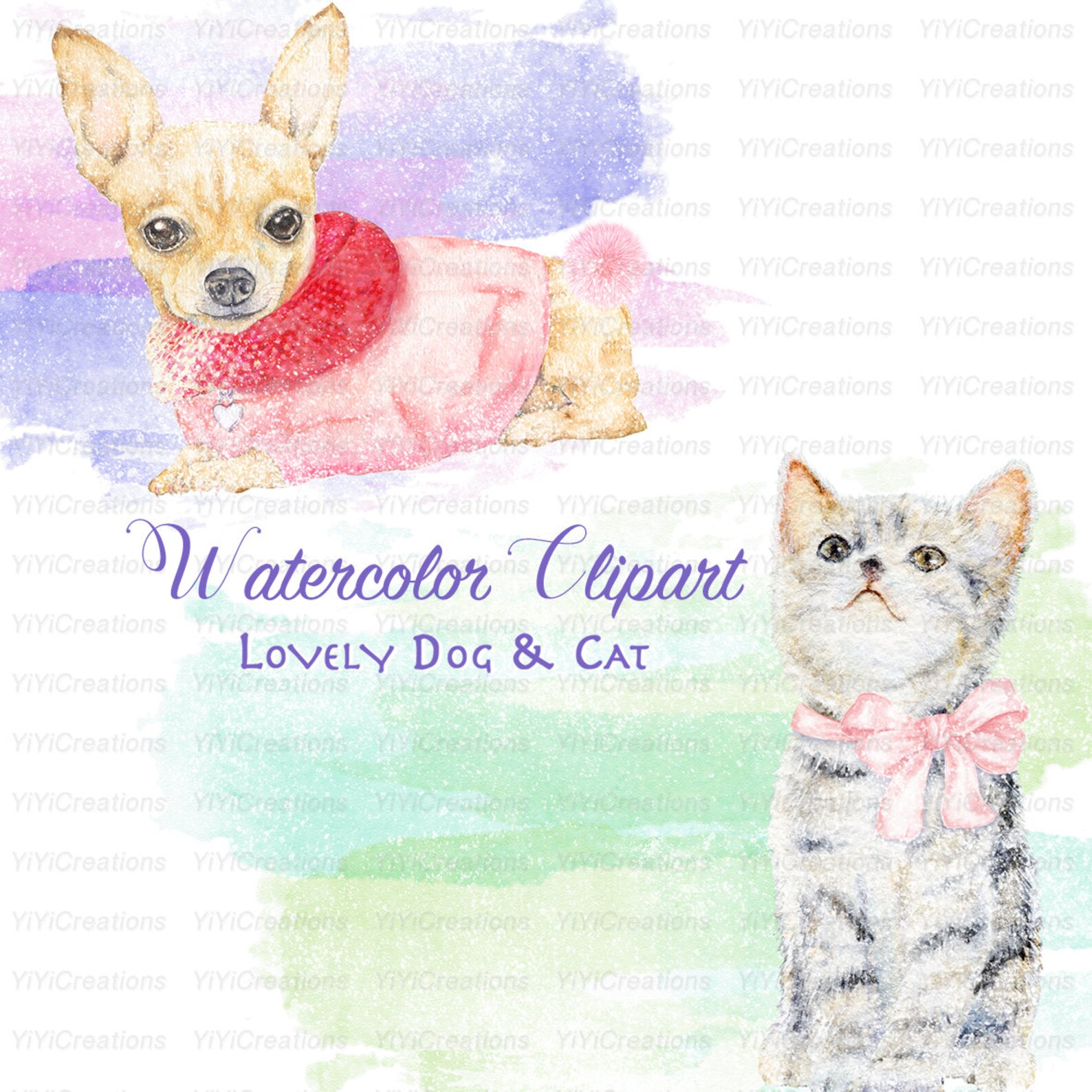 Watercolor Cat and Dog Clipart Download Animal Clip Art Hand | Etsy