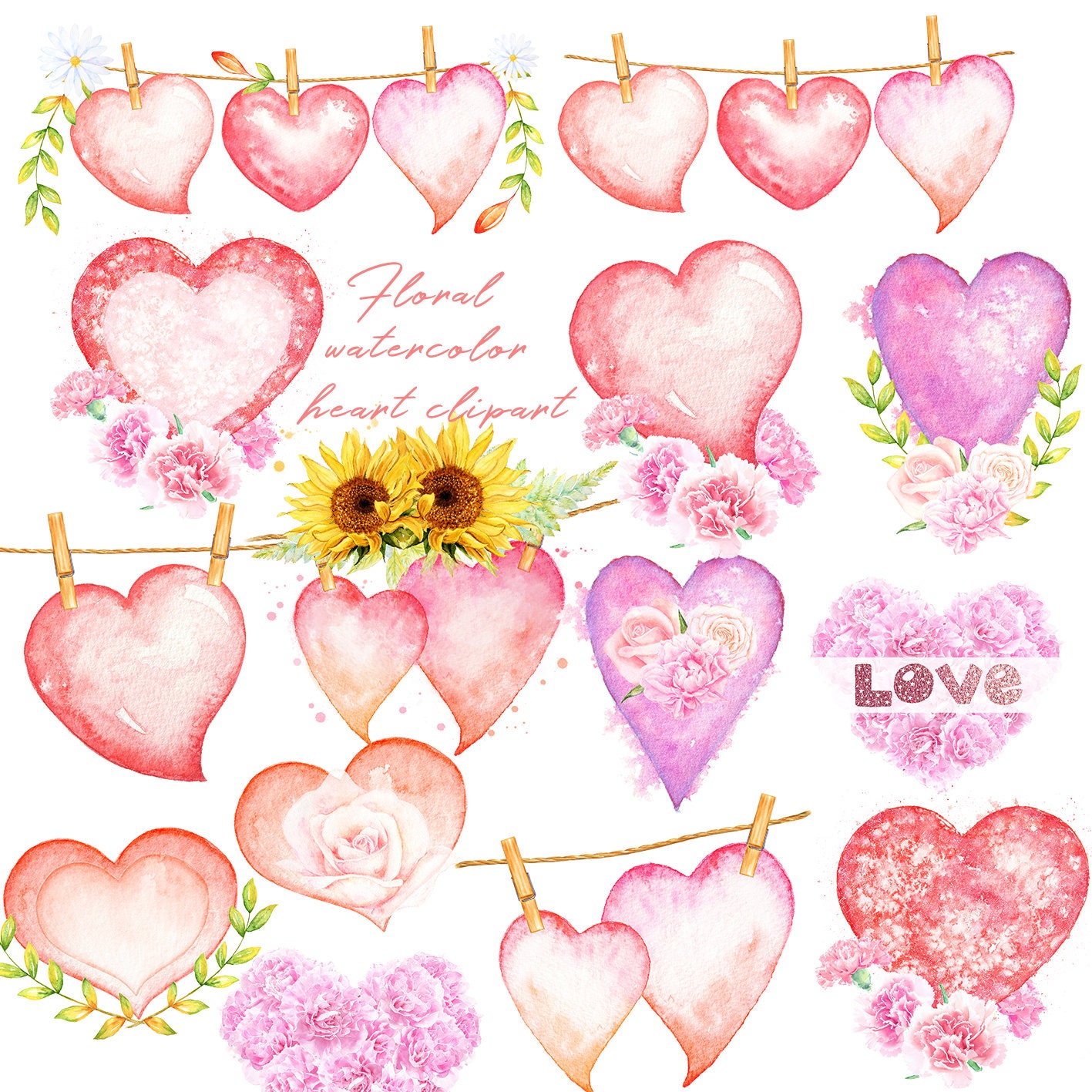 Watercolor Floral Hearts Clipart Engagement & Wedding Image - Etsy UK