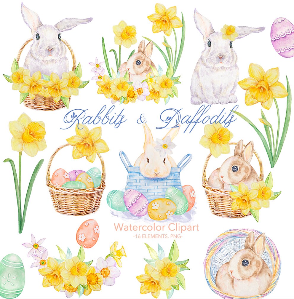 Rabbits and Daffodils Clipart, Watercolor Spring Bunny Clip Art, Easter ...