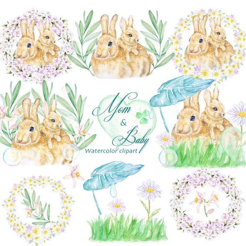 Wild Rabbit Clipart, Mom and Baby, Hand Drawn Watercolor Bunny ...