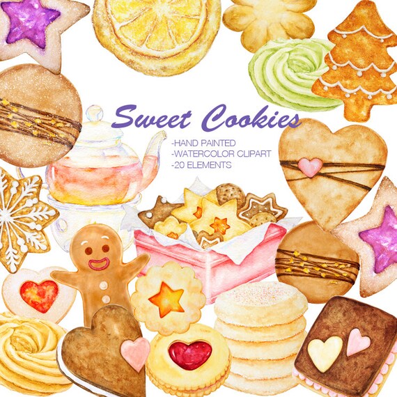Watercolor Cookie Ornaments Clipart Digital Biscuits and Tea | Etsy