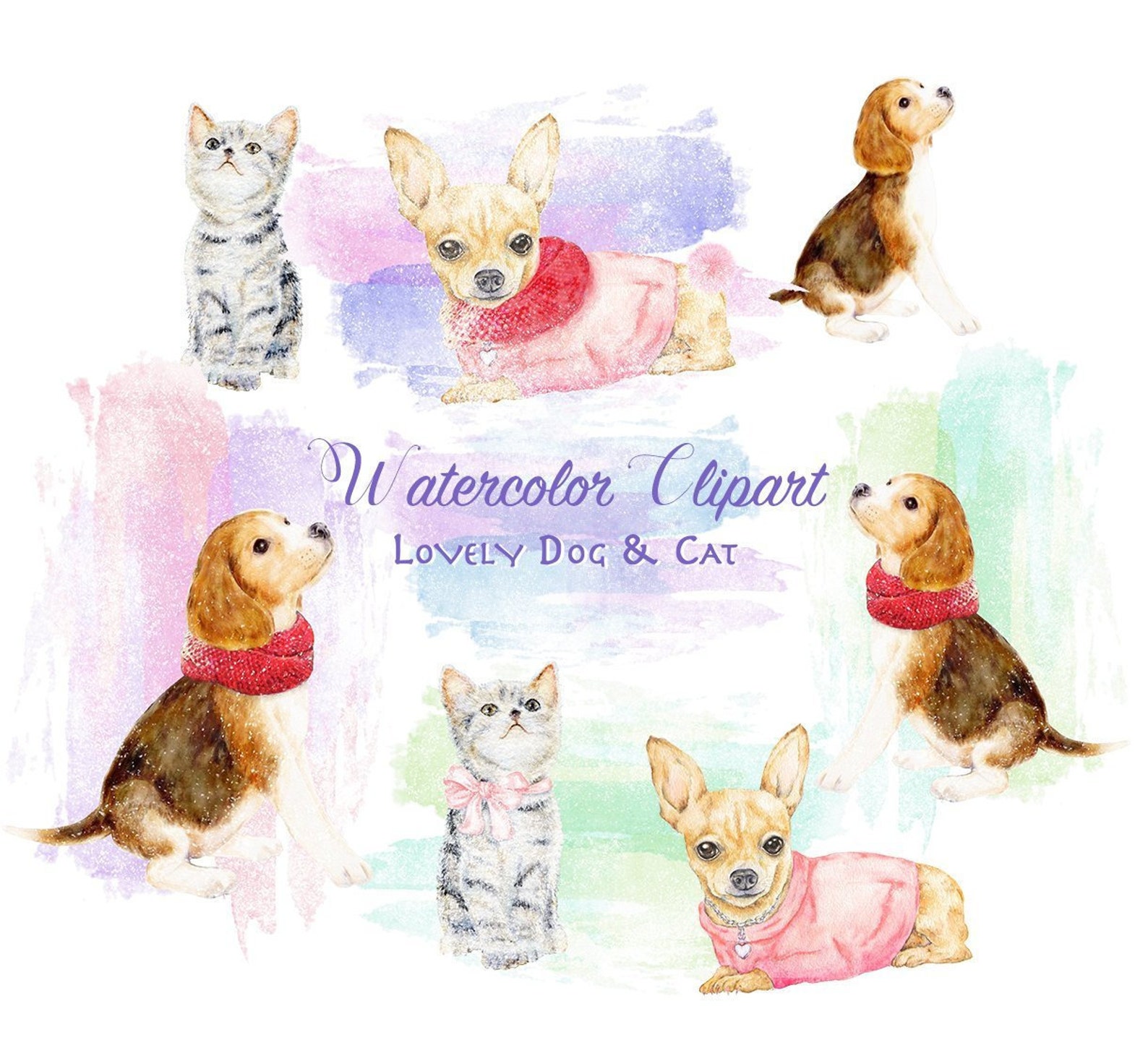 Watercolor Cat and Dog Clipart Download Animal Clip Art Hand - Etsy