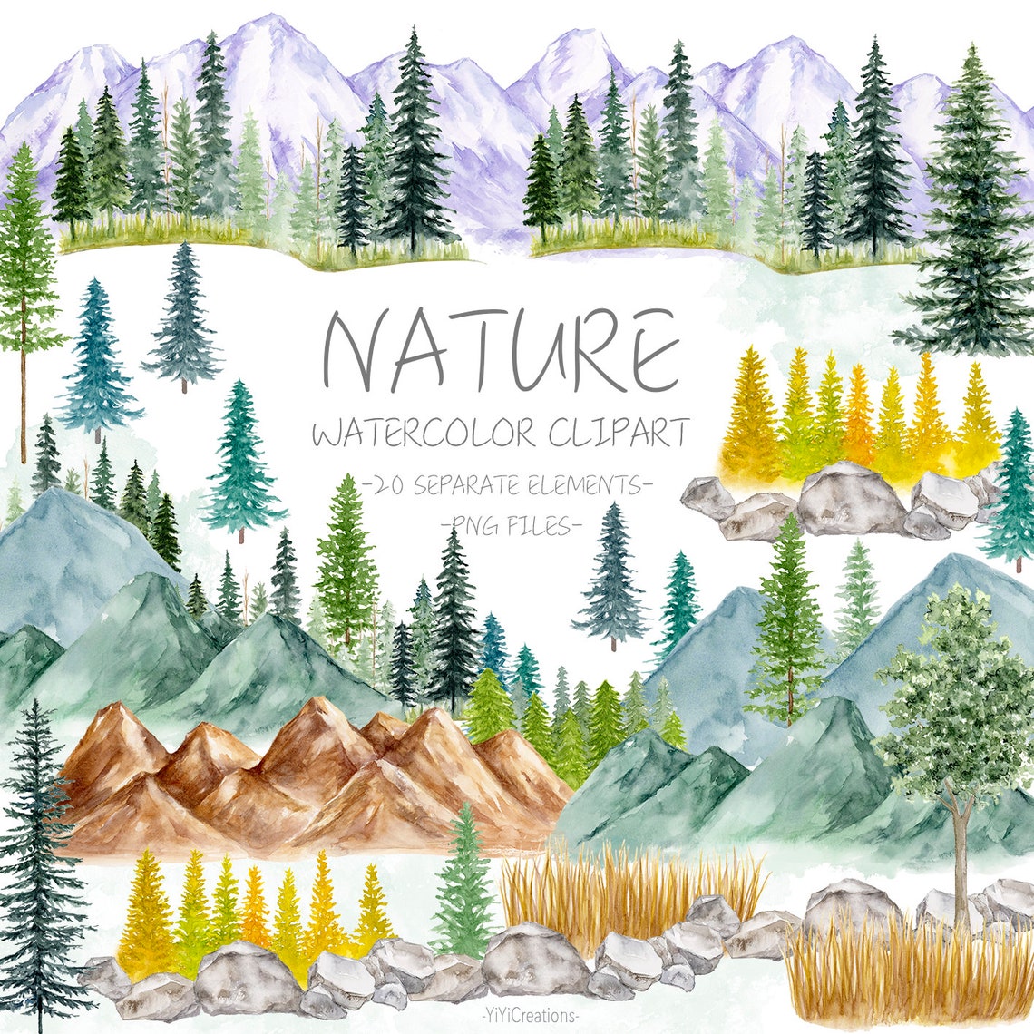 Watercolor Nature Clipart Printable Mountain Woodland - Etsy Canada