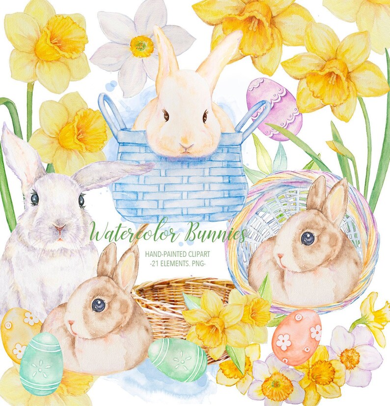 Watercolor Spring Bunny Clipart, Easter Rabbit Clip Art, Easter Eggs ...