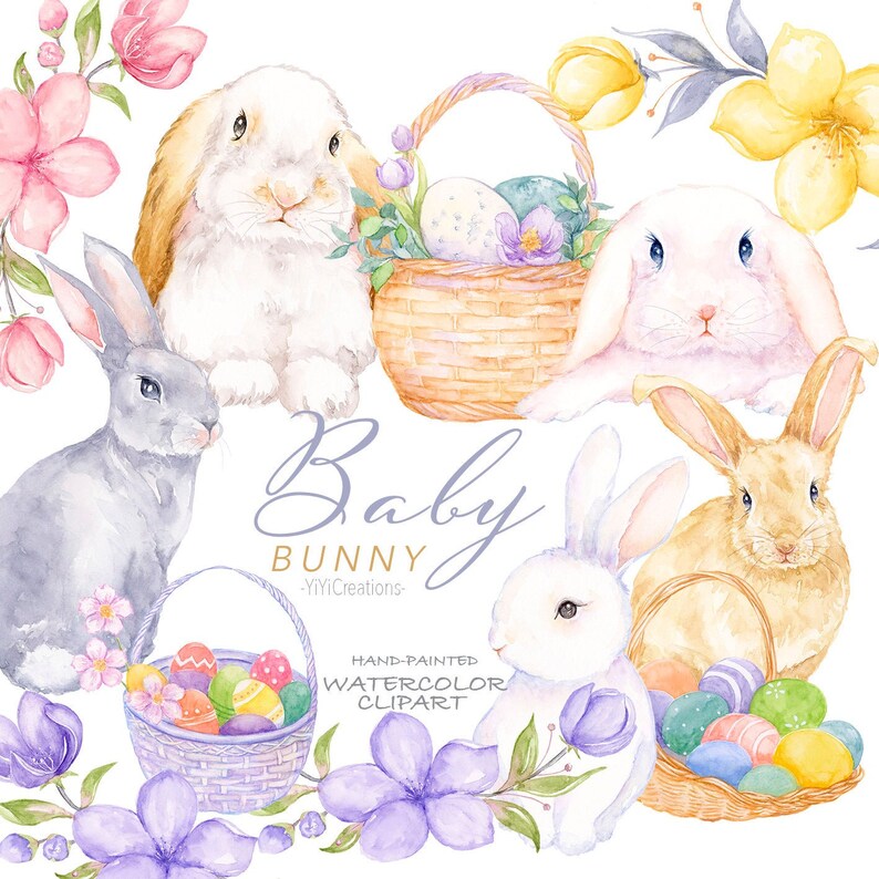 Watercolor Bunny Clipart: Spring Easter Bunnies, Floral Eggs (PNG ...