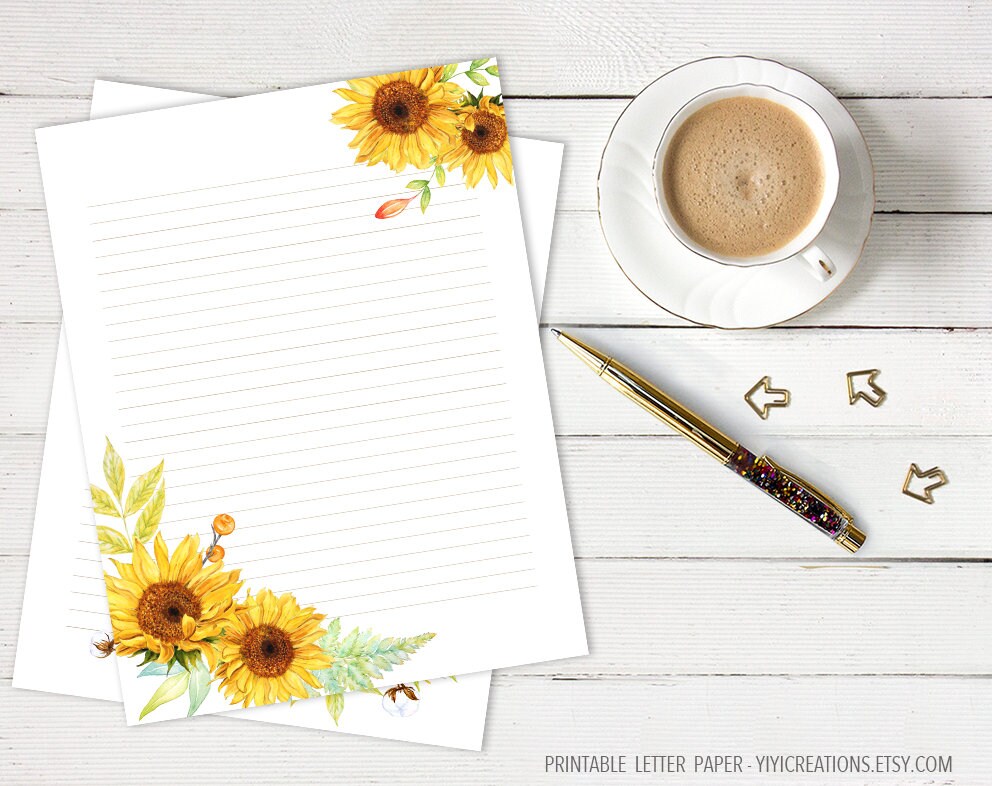Sunflower Printable Letter Paper, Floral Journal Page, Flower Instant ...