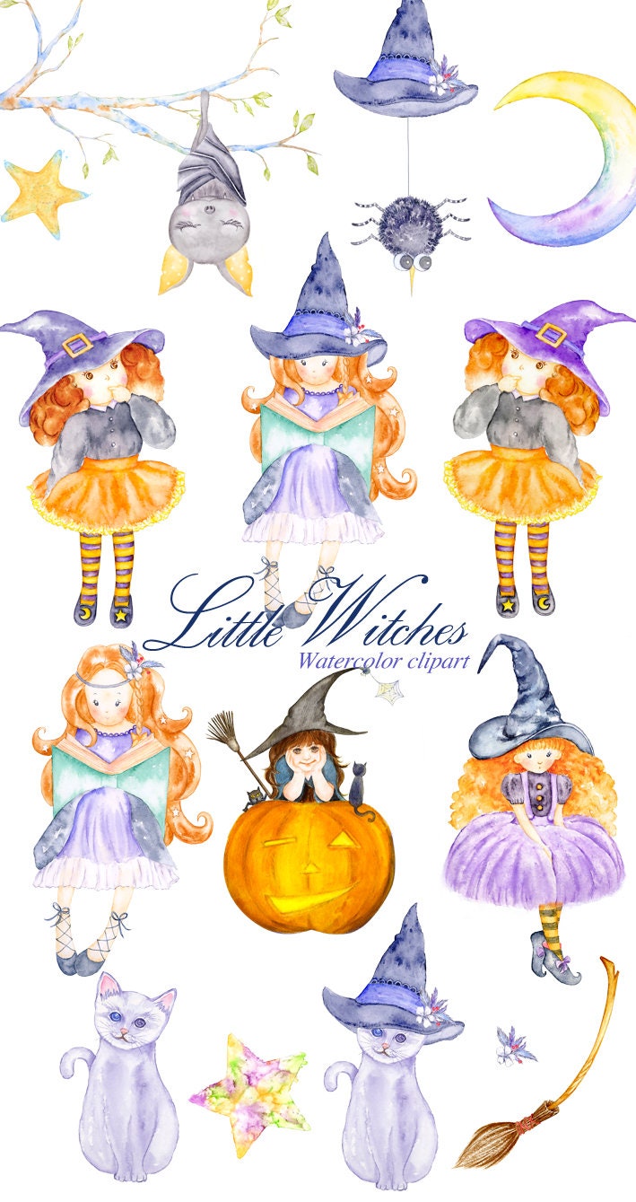 Cute Witch Clipart Watercolor Halloween Illustrations - Etsy
