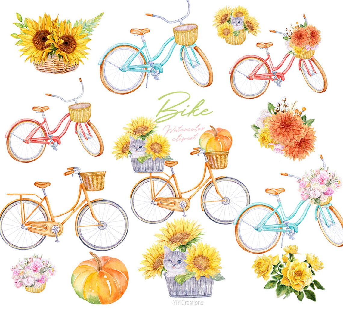 Watercolor Retro Bicycle Clipart Spring Floral Bike | Etsy