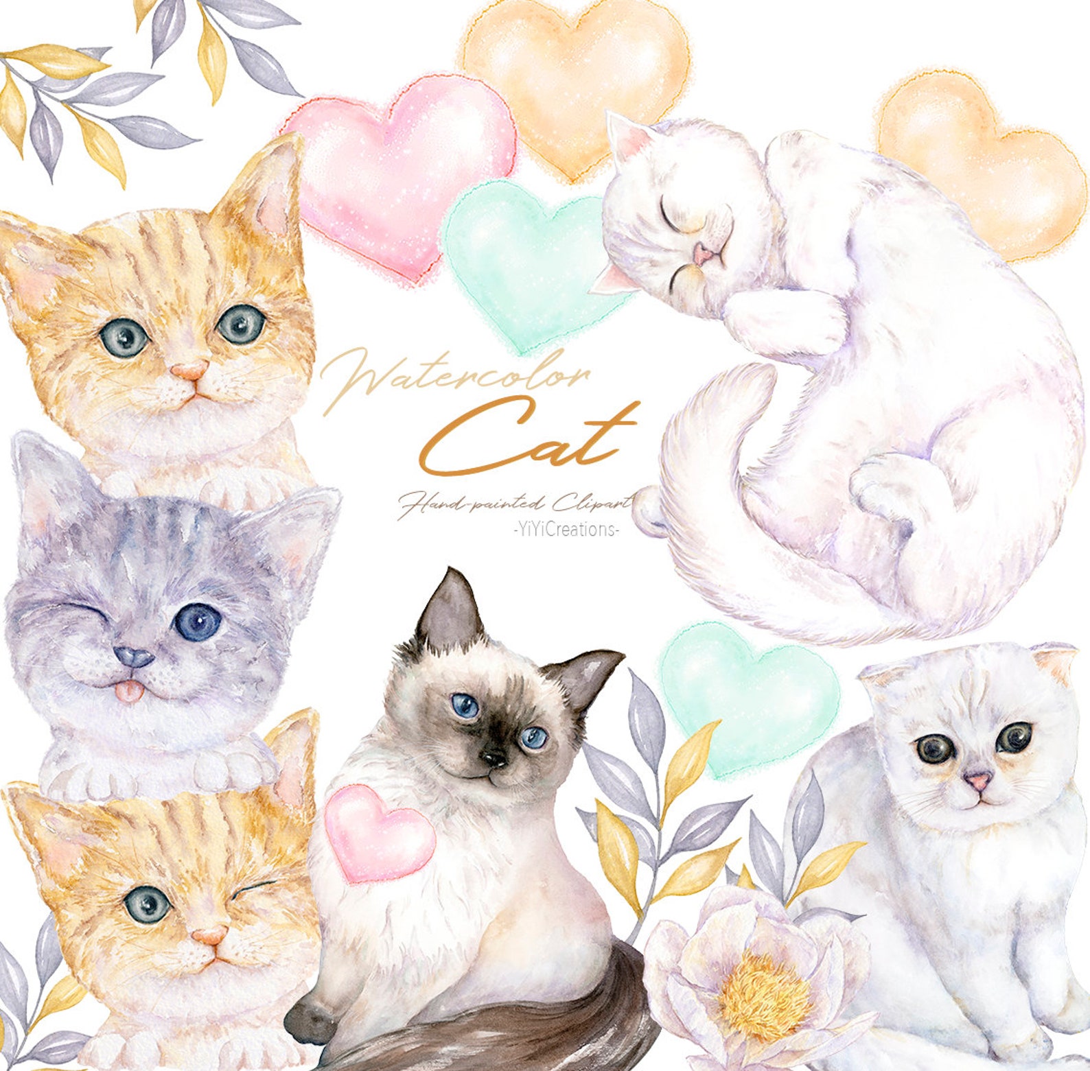Watercolor Cute Cats Clipart Digital Kitten Image Printable - Etsy