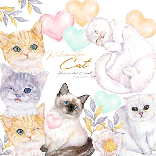 Watercolor Cute Cats Clipart Digital Kitten Image Printable - Etsy