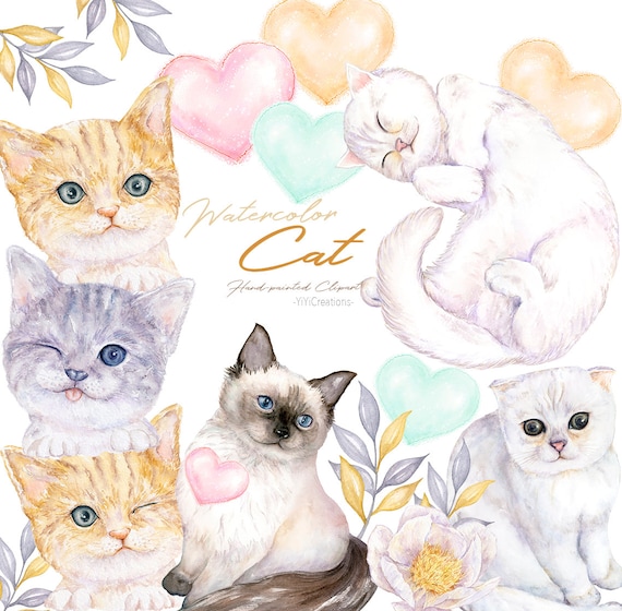 Watercolor Cute Cats Clipart Digital Kitten image Printable | Etsy