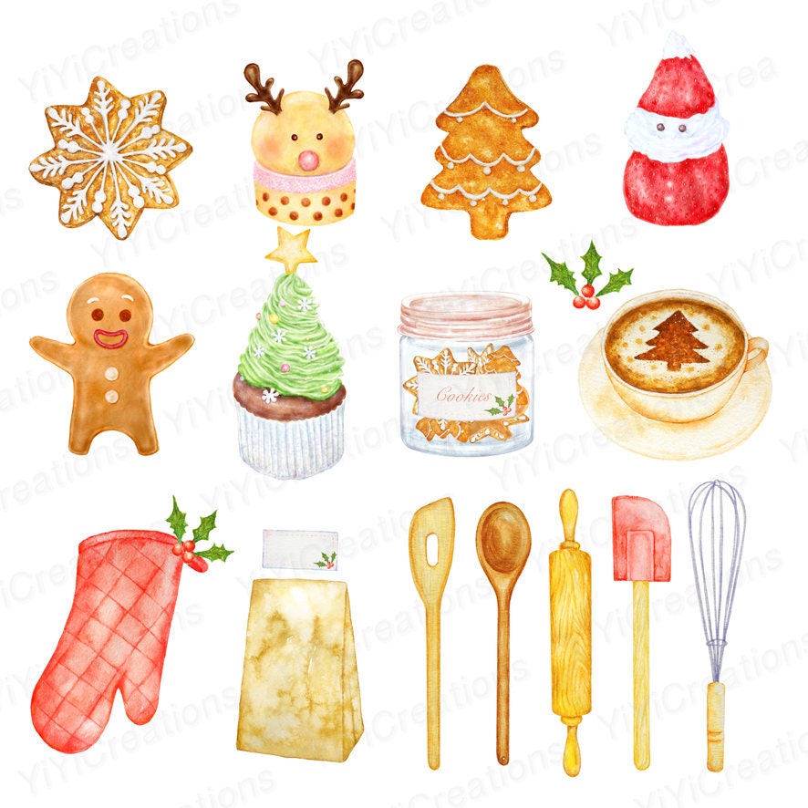 Sweet Christmas Clipart, Watercolor Dessert Clip Art Instant Download ...