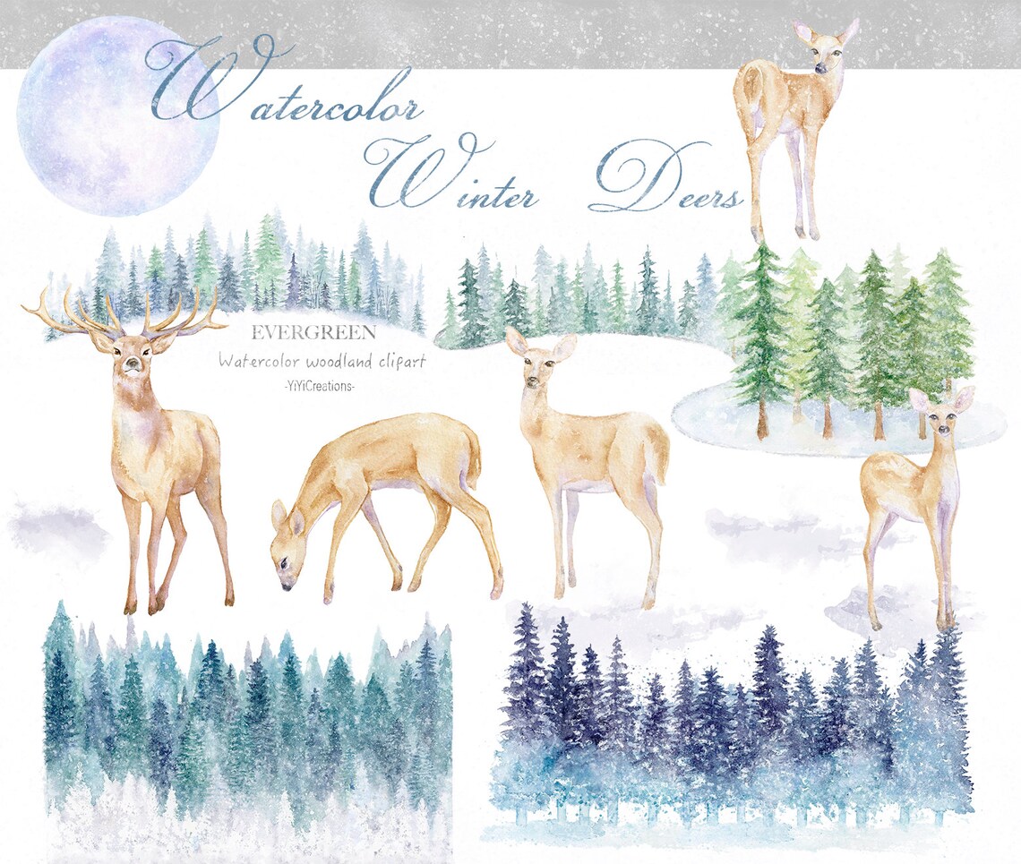 Watercolor Forest Landscape Clipart Winter Woodland Download | Etsy
