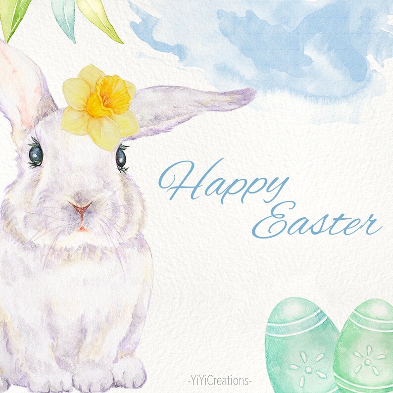 Watercolor Spring Bunny Clipart, Easter Rabbit Clip Art, Easter Eggs ...