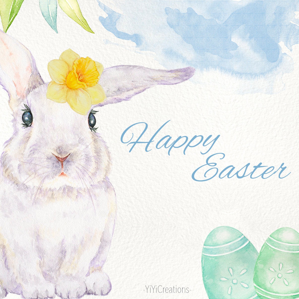 Watercolor Spring Bunny Clipart, Easter Rabbit Clip Art, Easter Eggs ...