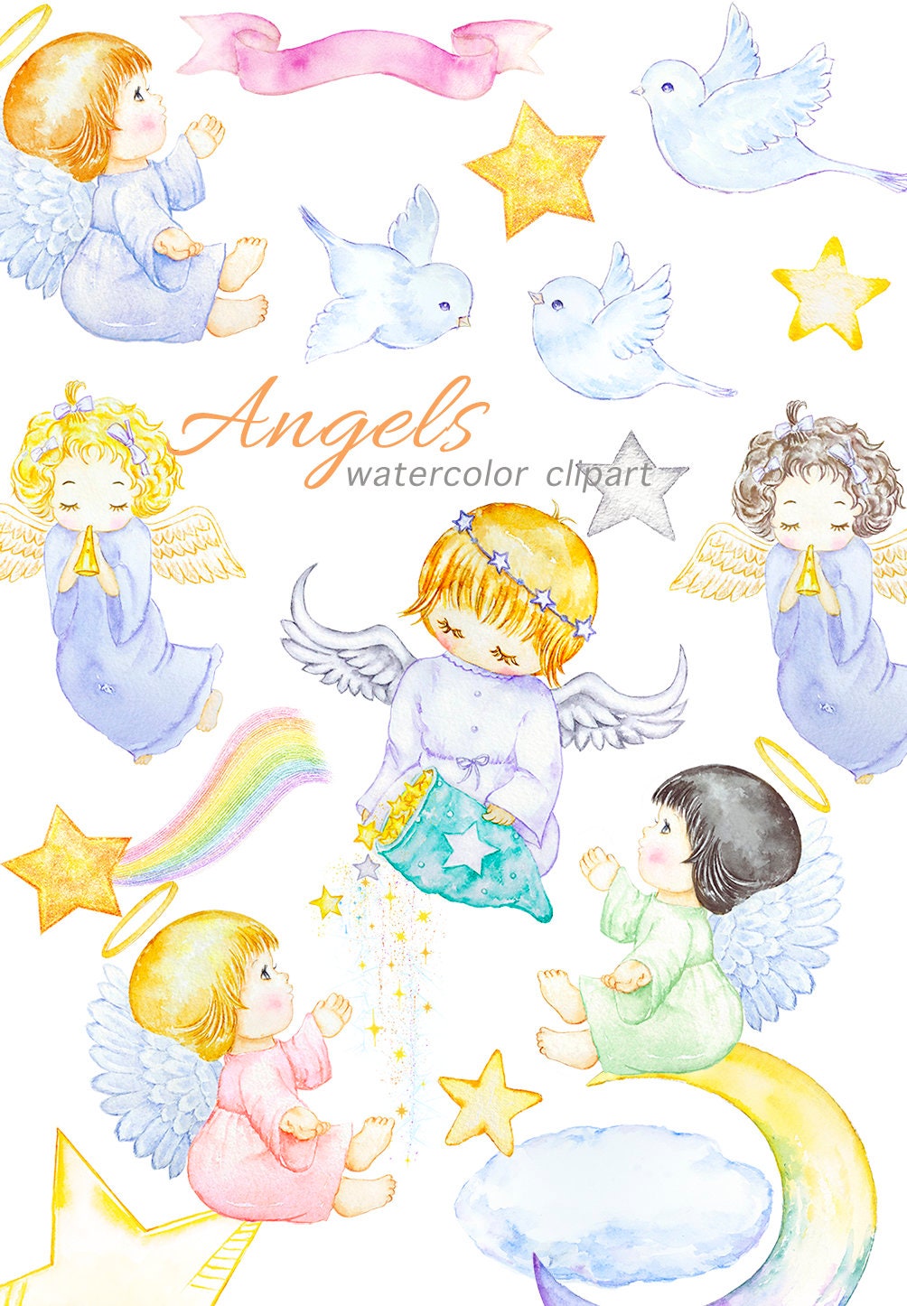 Cute Little Girl Angels Clipart, Watercolor Kids Clip Art Instant ...