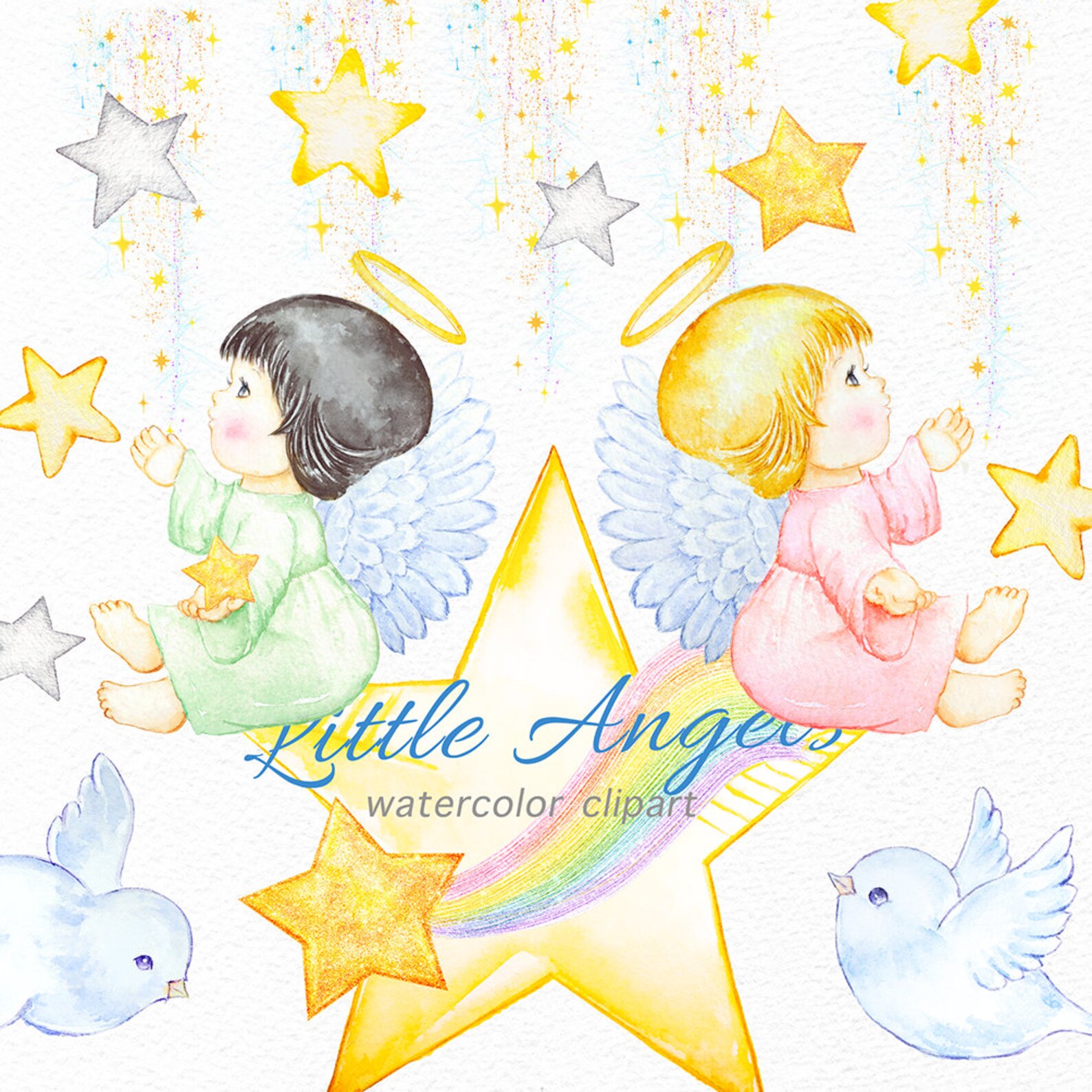 Cute Little Girl Angels Clipart Watercolor Kids Clip Art | Etsy
