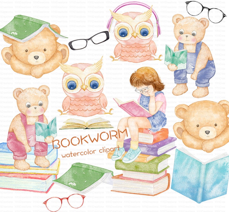 Watercolor Bookworm Clipart Digital Book Clip Art Reading - Etsy UK