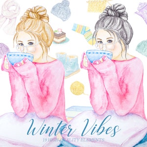 Watercolor Winter Girl Clipart, Fashion Illustration, Cozy Accessories ...