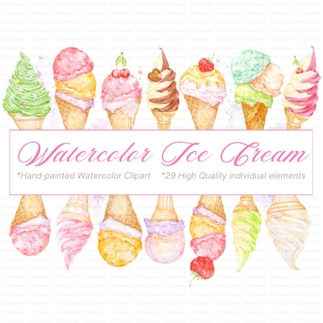 Watercolor Ice Cream Clipart: Summer Dessert Illustrations (PNG ...