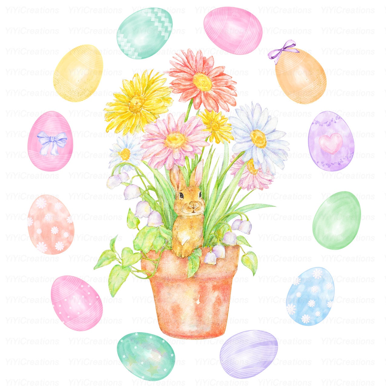 Happy Easter Eggs Clipart, Watercolor Garden Bunny Illustration Charm ...