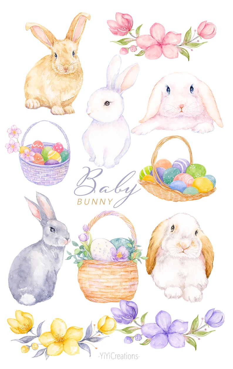 Baby Bunny Clipart Watercolor Spring Animal Easter Basket | Etsy