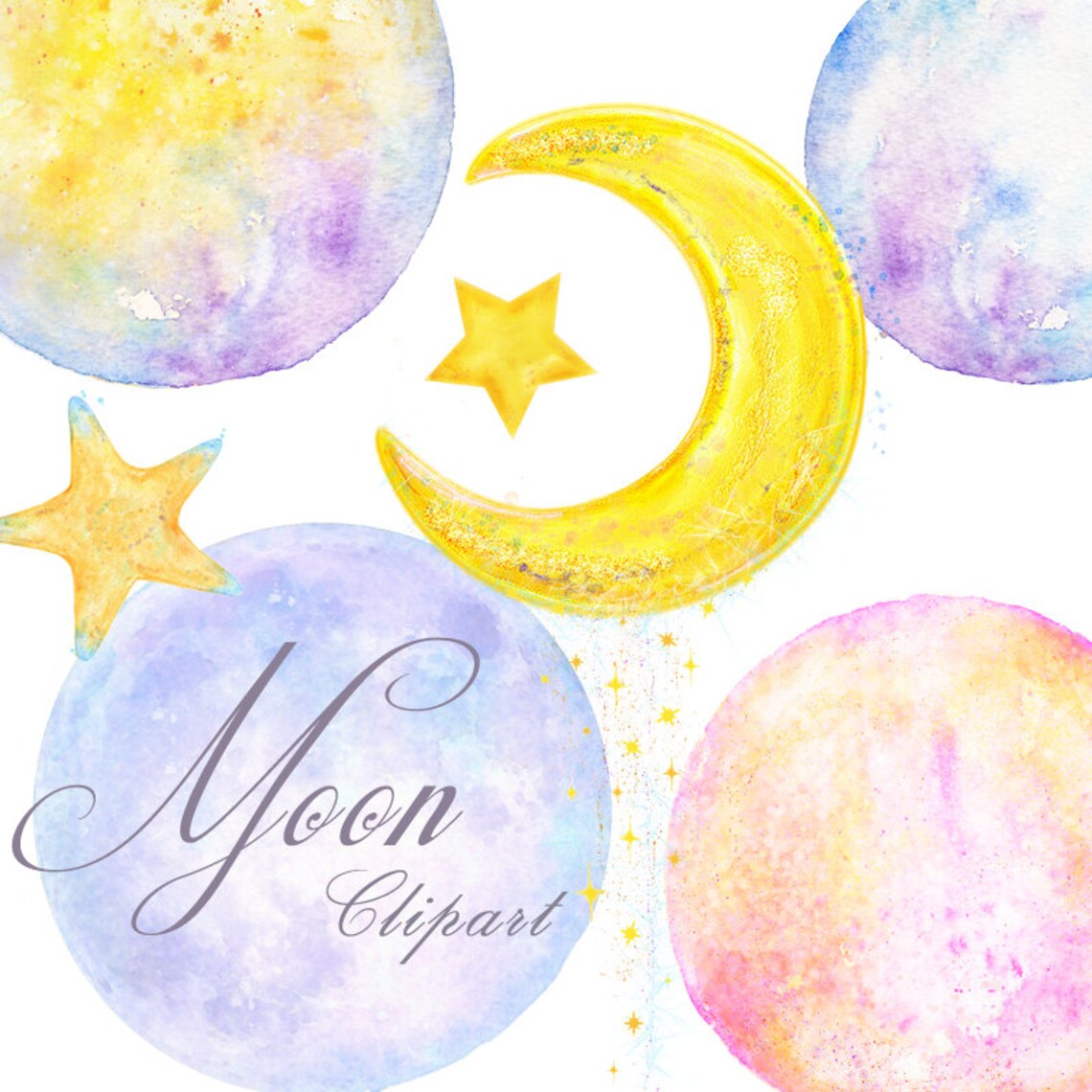Watercolor Moon and Star Clipart Digital Download Lunar | Etsy