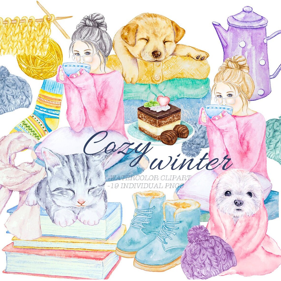 Watercolor Winter Girl Clipart Fashion Illustration Cozy | Etsy