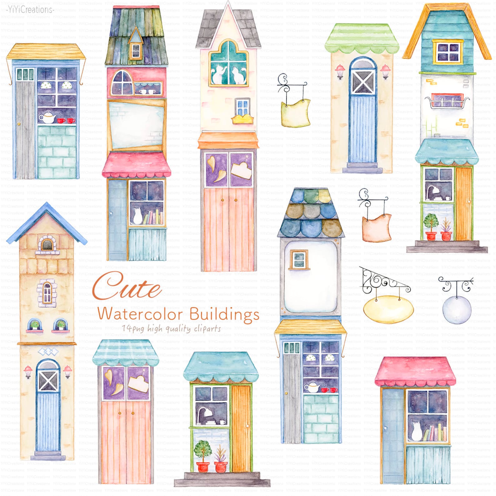 Cute Houses Clipart Watercolor Building Illustration Sweet | Etsy