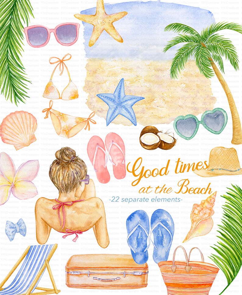 Watercolor Beach Clipart: Summer Vacation Graphics (PNG Files) - Etsy