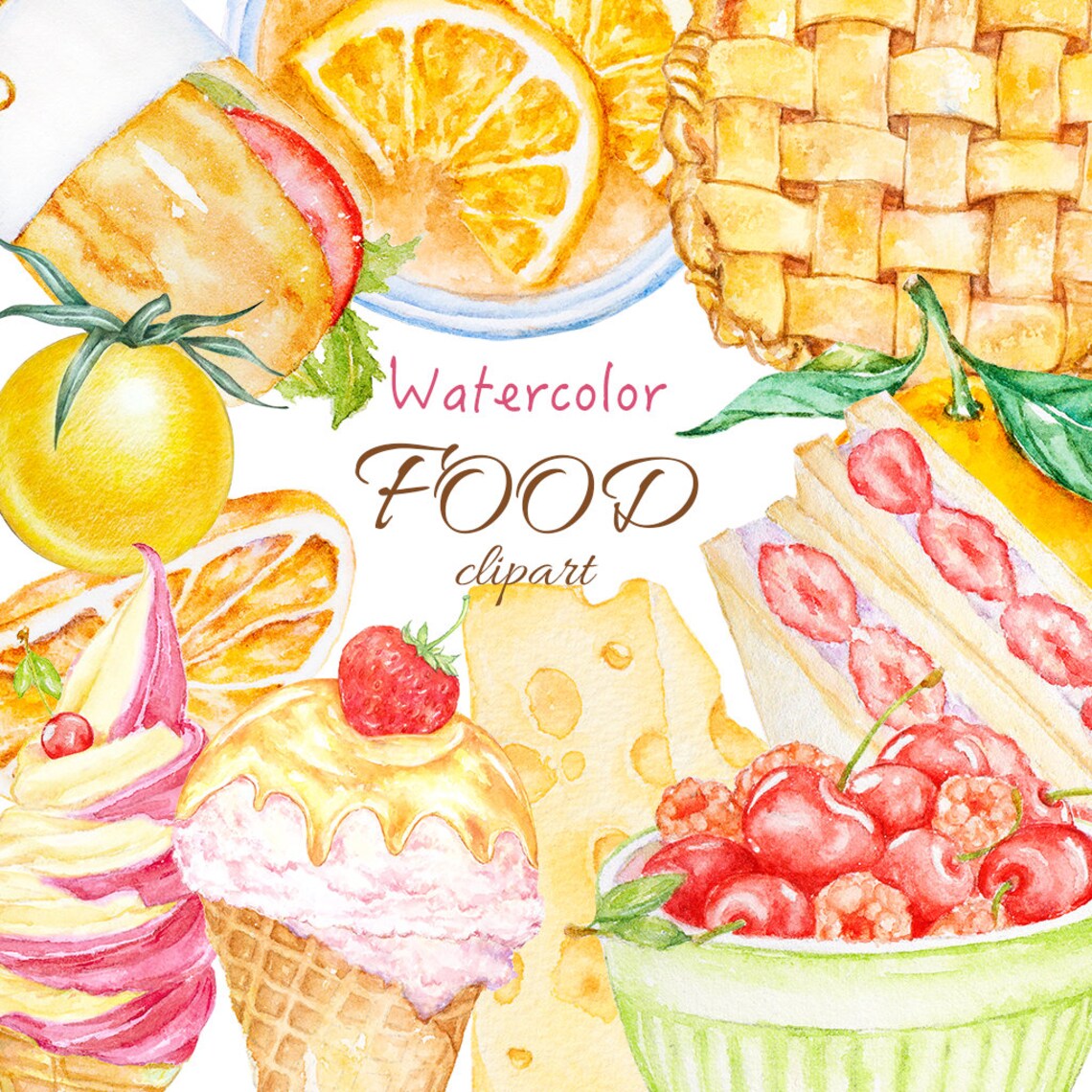 Food and Drink Clipart Watercolor Fruits Clip Art Fast Food | Etsy