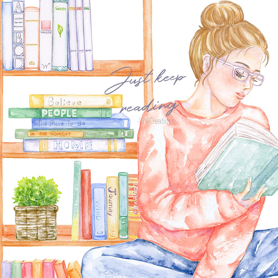 Book Lover Clip Art, Watercolor Books Clipart, Fashion Reading Girl ...