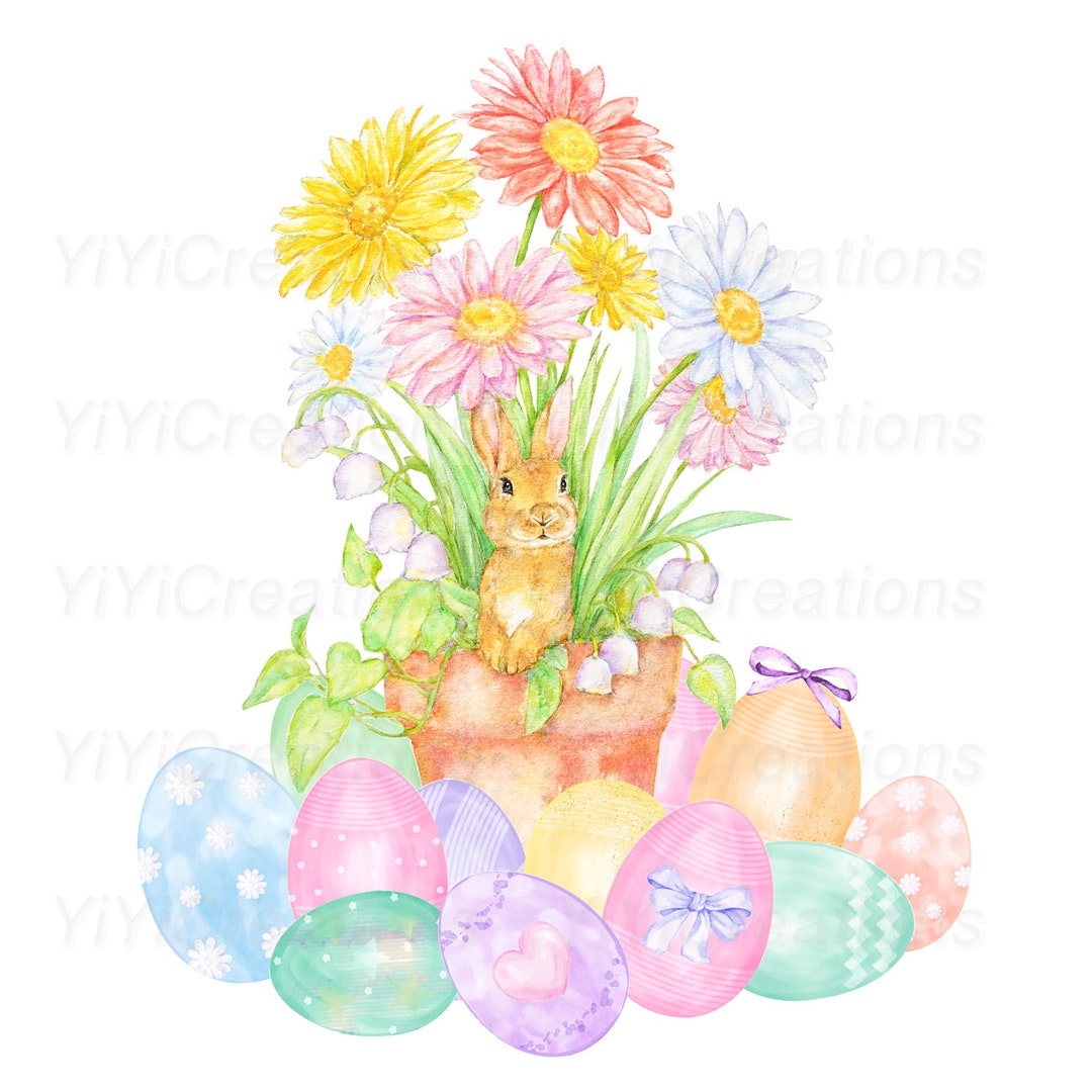 Happy Easter Eggs Clipart, Watercolor Garden Bunny Illustration Charm ...