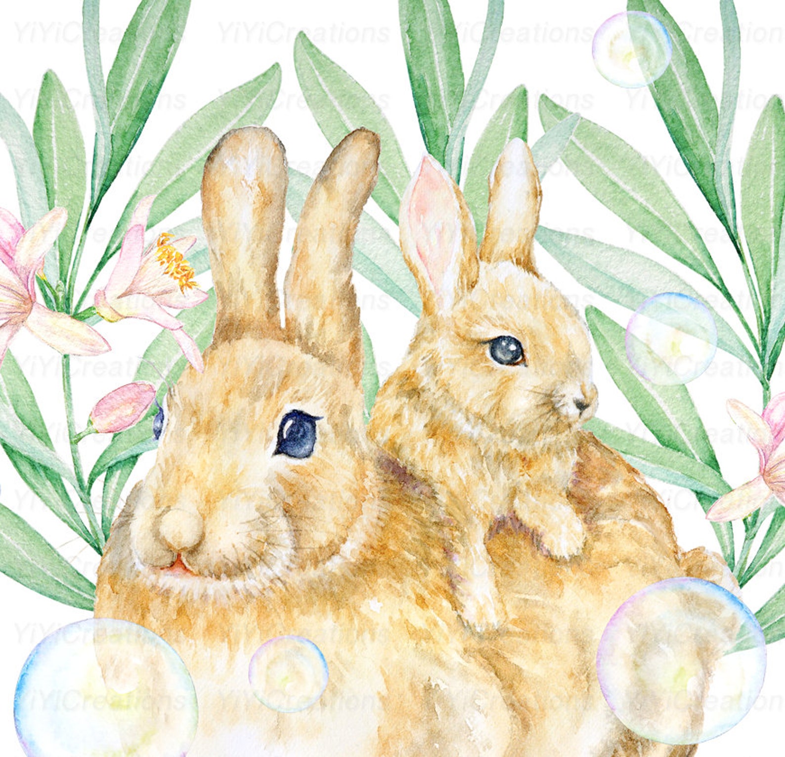 Wild Rabbit Clipart, Mom and Baby, Hand Drawn Watercolor Bunny ...