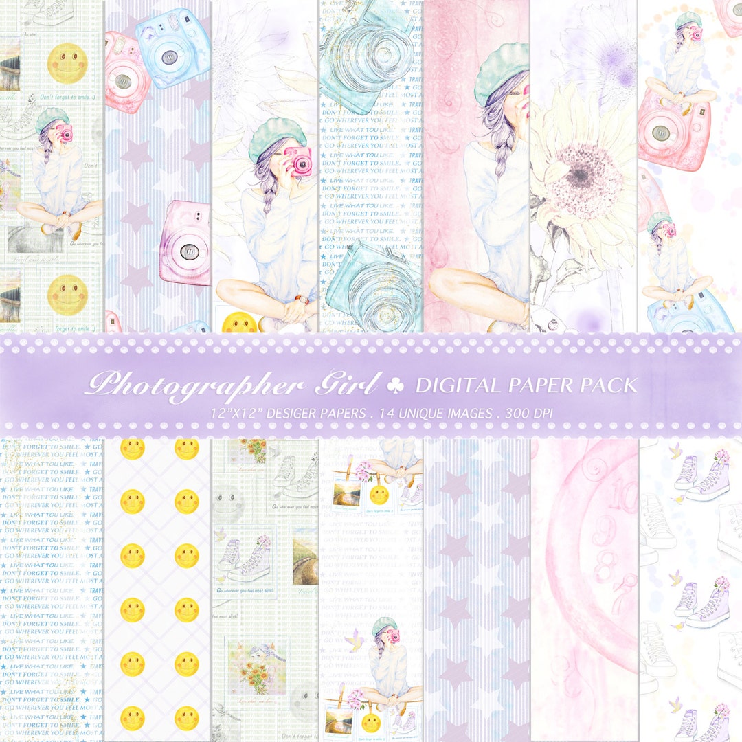 Photographer Girl Digital Paper, Pink and Purple Paper Pack, Watercolor ...