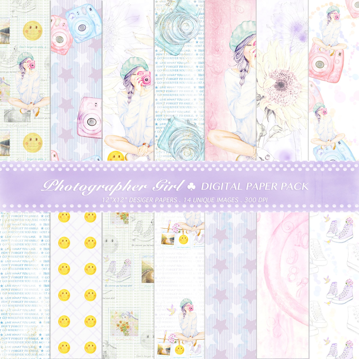 Photographer Girl Digital Paper Pink and Purple Paper Pack - Etsy