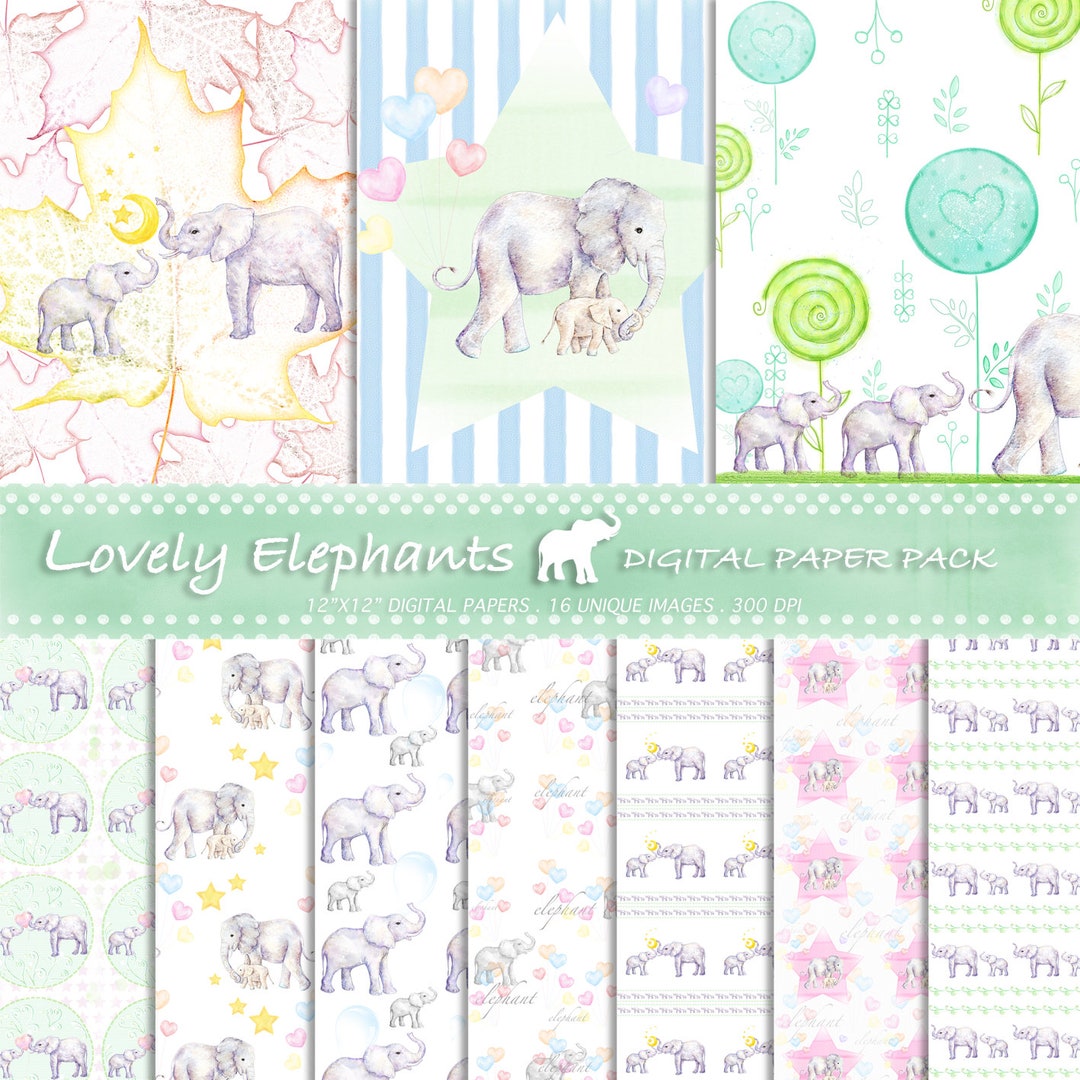 Elephant Digital Paper, Pink and Blue Digital Paper Pack, Baby Elephant ...