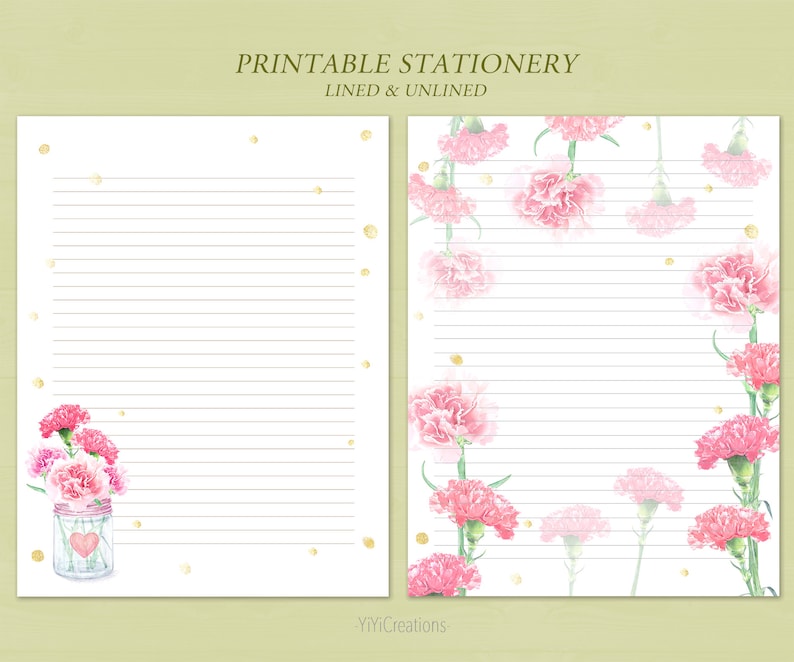 Carnation Printable Letter Paper, Floral Journal Page, Pink Flower ...
