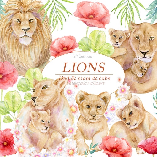 Watercolor Lion Family Clipart Mother and Babies Printable - Etsy