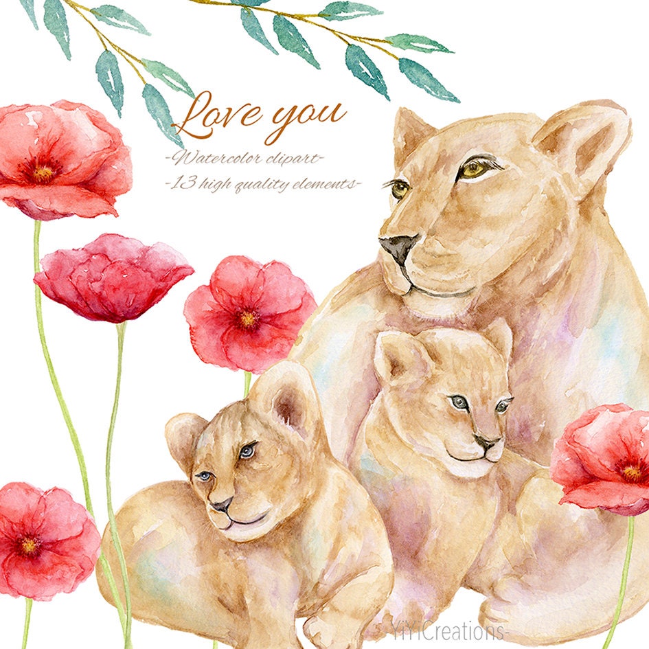 Watercolor Lion Family Clipart, Mother and Babies Printable Art, Safari ...