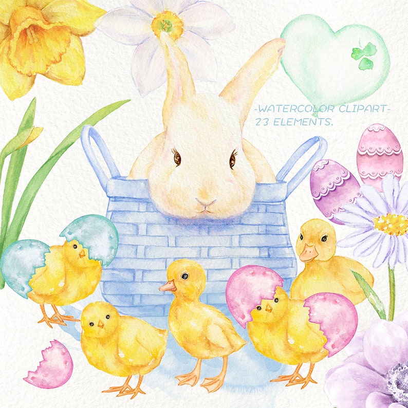 Easter Chick and Duck Clipart, Watercolor Little Animal, Floral Spring ...
